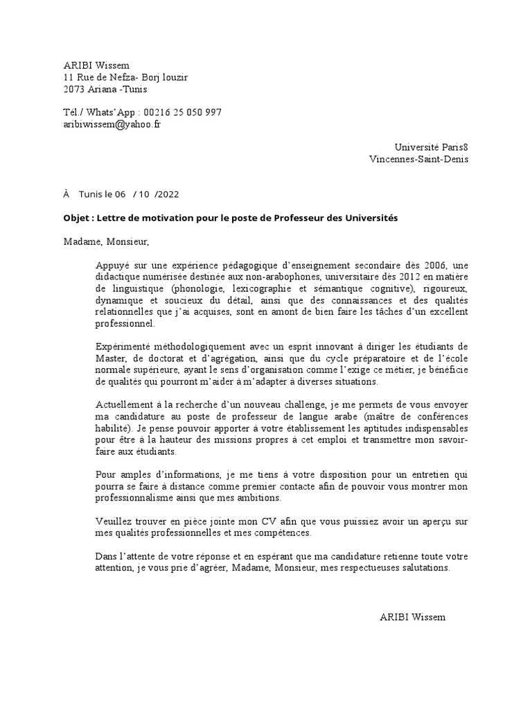 Lettre de Motivation Wissem ARIBI Tunisie | PDF
