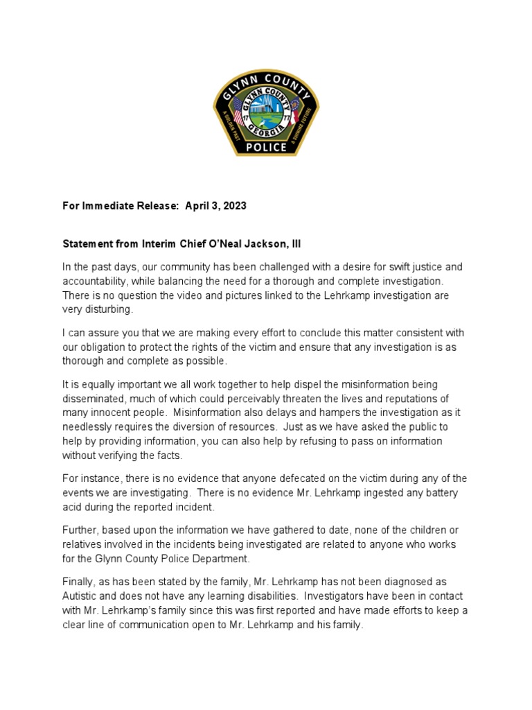 Glynn County Police Statement on Lehrkamp Case | PDF | Politics ...