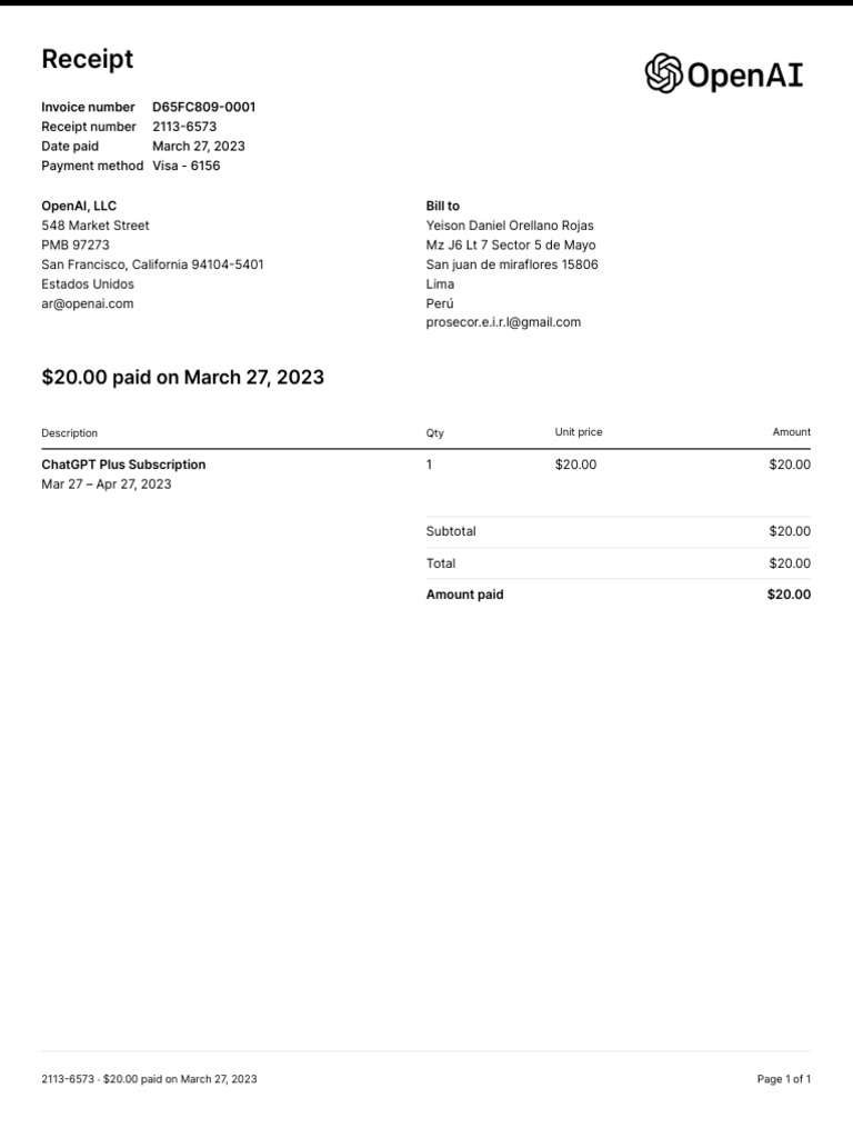 ChatGPT Plus Invoice Receipt | PDF