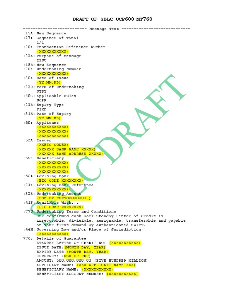 HSBC Draft of SBLC Ucp600 MT760 | PDF | Letter Of Credit | Service ...