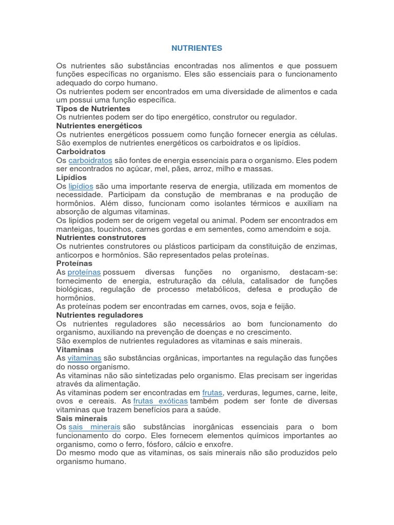 Funções e Tipos de Nutrientes Essenciais | PDF | Vitamina | Alimentos