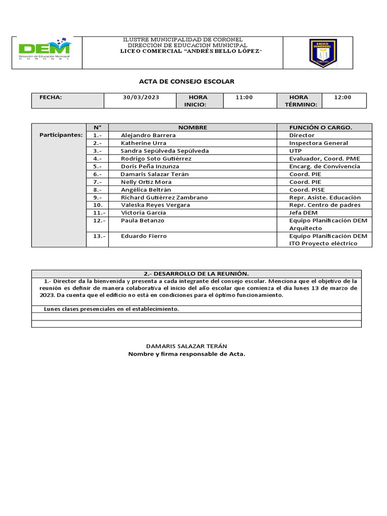 Acta Consejo Escolar 29-03-2023 | PDF