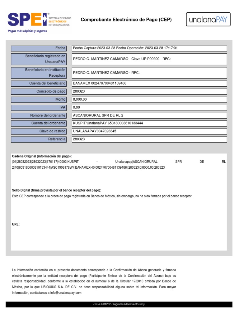 Comprobante Electrónico de Pago (CEP) : Cadena Original (Información Del Pago) | PDF