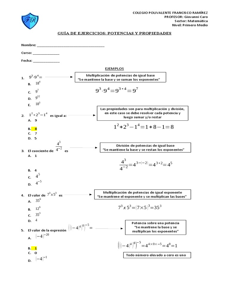 Guía de Potencias y Propiedades | PDF | Exponenciación | Multiplicación