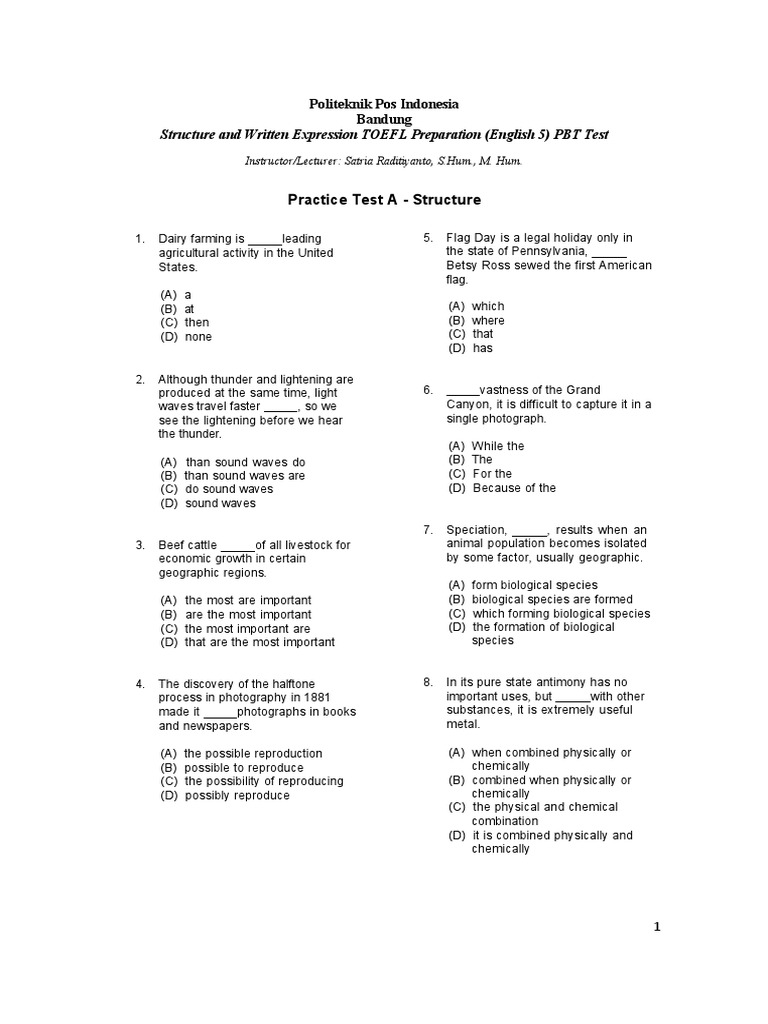 Practice Structure A TOEFL by Satria | Download Free PDF | Chemical Elements