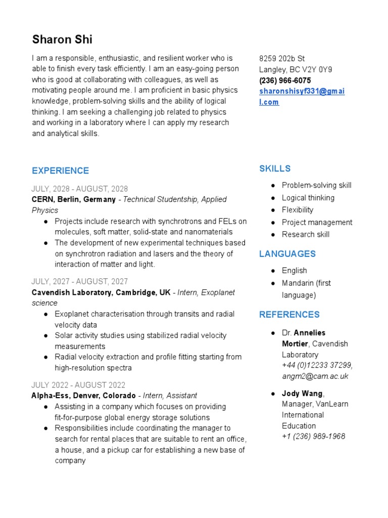 Resume - Sharon Shi | PDF | Technology & Engineering