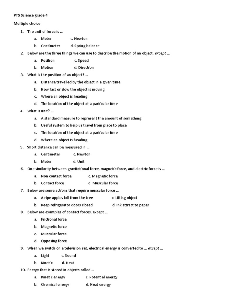 PTS Science Grade 4 (Motion and Energy) | Download Free PDF | Force ...