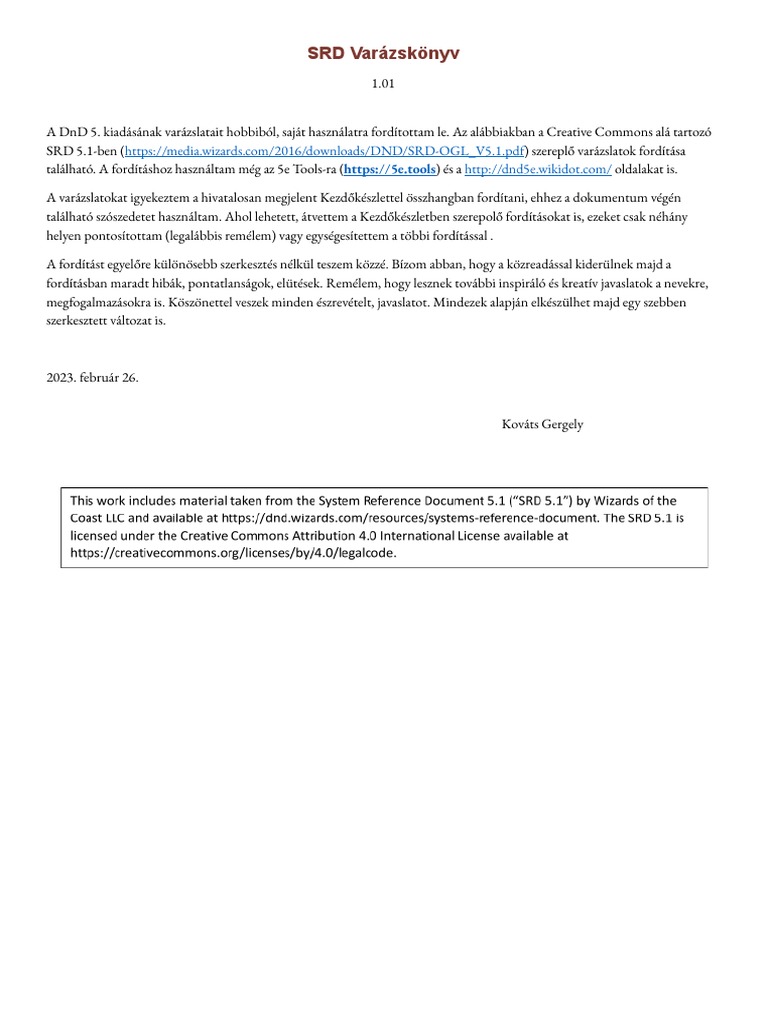 SRD Varázskönyv | PDF