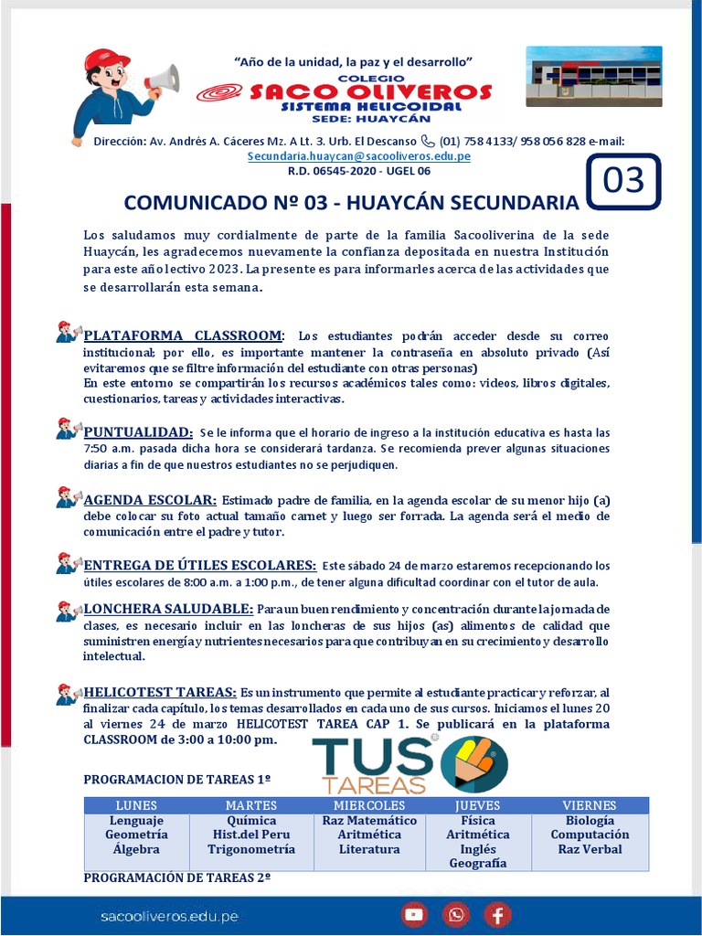 Comunicado #03 - Huaycán Secundaria: "Año de La Unidad, La Paz y El Desarrollo" | PDF | Matemáticas