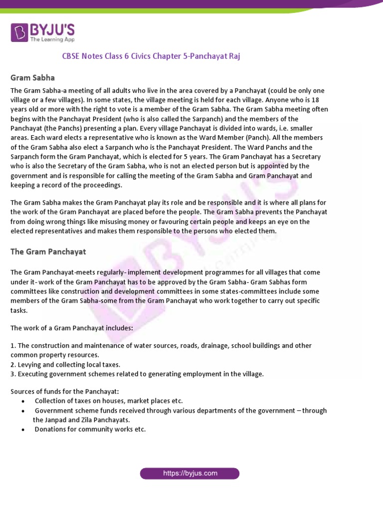 Gram Sabha: CBSE Notes Class 6 Civics Chapter 5-Panchayat Raj | PDF ...