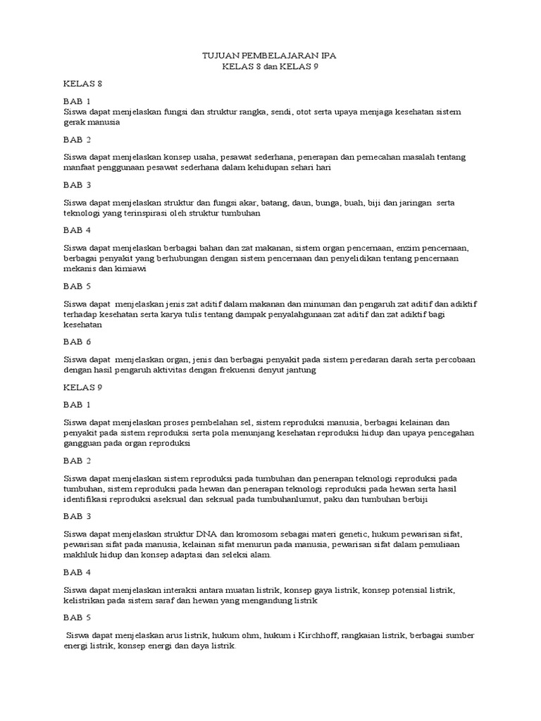 Tujuan Pembelajaran Ipa SMT 1 Kelas 9 | PDF