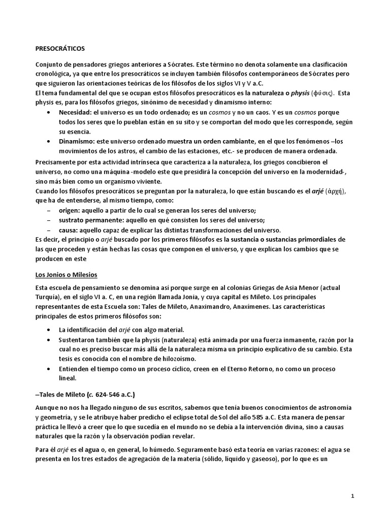 Filosofía Presocrática: Arjé y Naturaleza | PDF | Metafísica ...