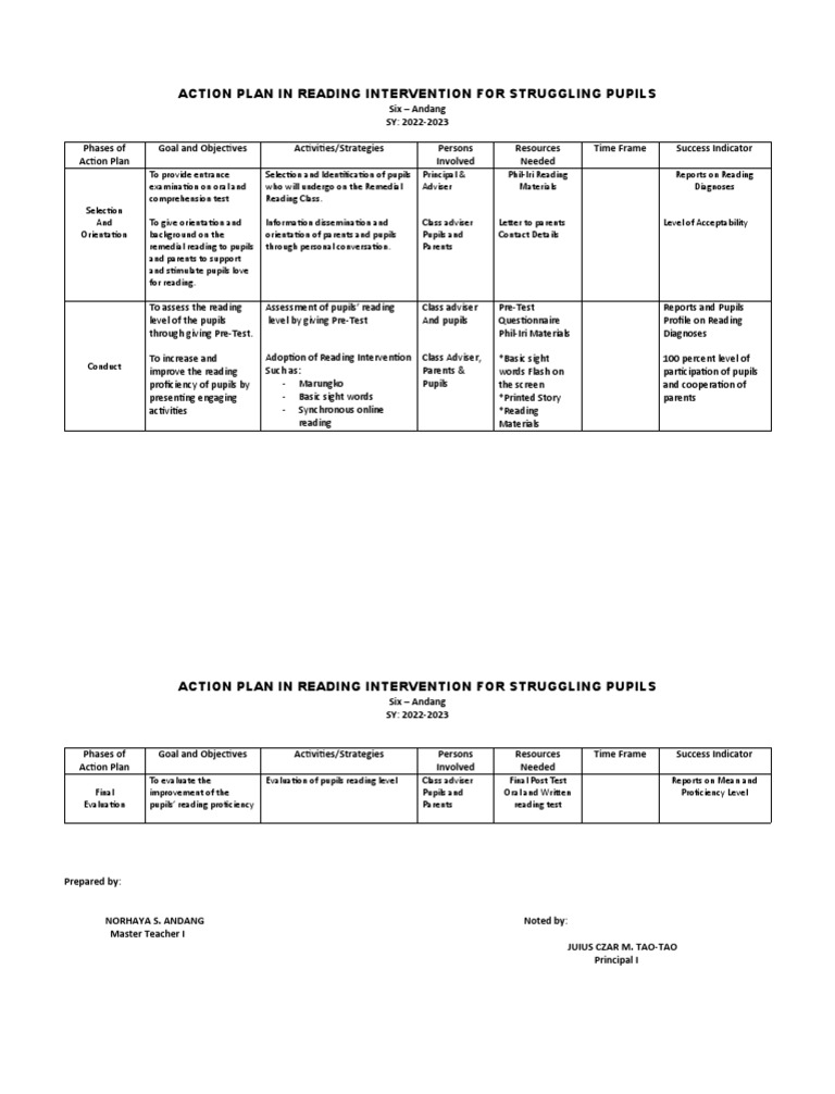 Action Plan in Reading Intervention For Struggling Pupils | PDF ...
