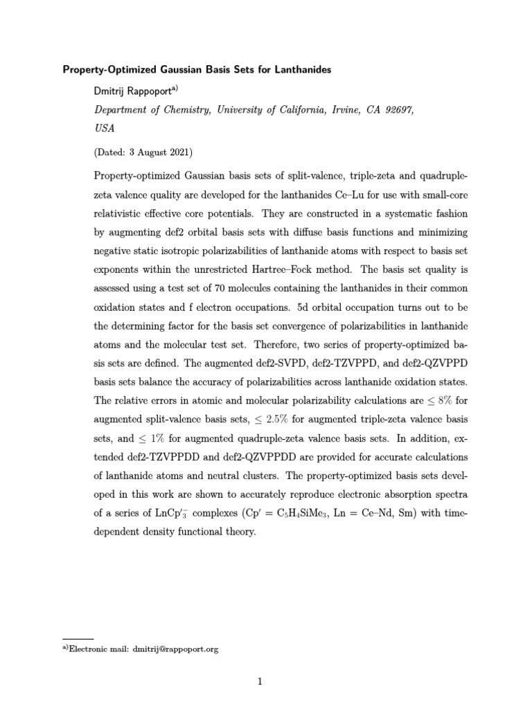 Property Optimized Gaussian Basis Sets For Lanthanides | PDF | Lanthanide | Electron Configuration