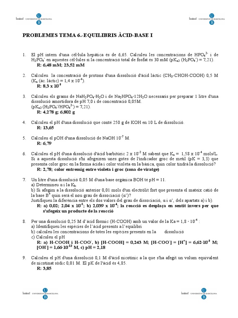 Tema 6 - Full Problemes Equilibris Acid-Base 2012-2013 Resultats | PDF