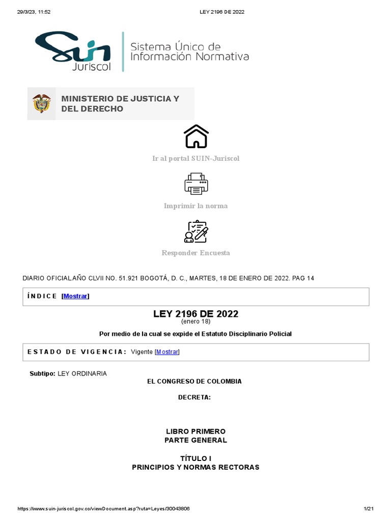 LEY 2196 DE 2022 Estatuto Disciplinario Policial | PDF | Disciplinas | Policía