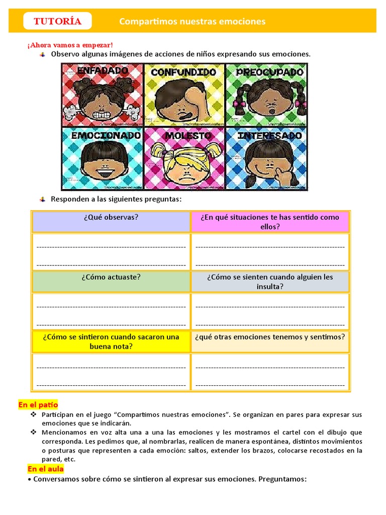 E1 A1 Ficha Tut Compartimos Nuestras Emociones Pdf Las Emociones
