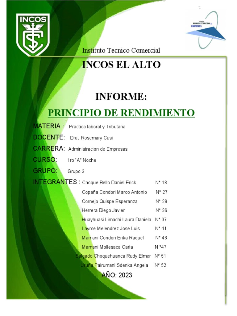 Incos El Alto Informe:: Principio de Rendimiento | PDF