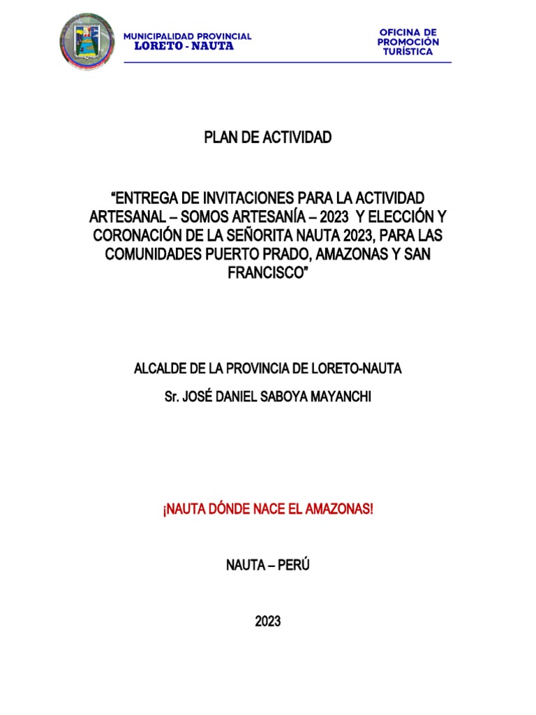 Plan de Actividades Entrega de Invitaciones para La Actividad Artesanal ...