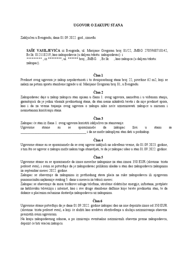 UGOVOR O ZAKUPU STANA, Sept 2022 | PDF