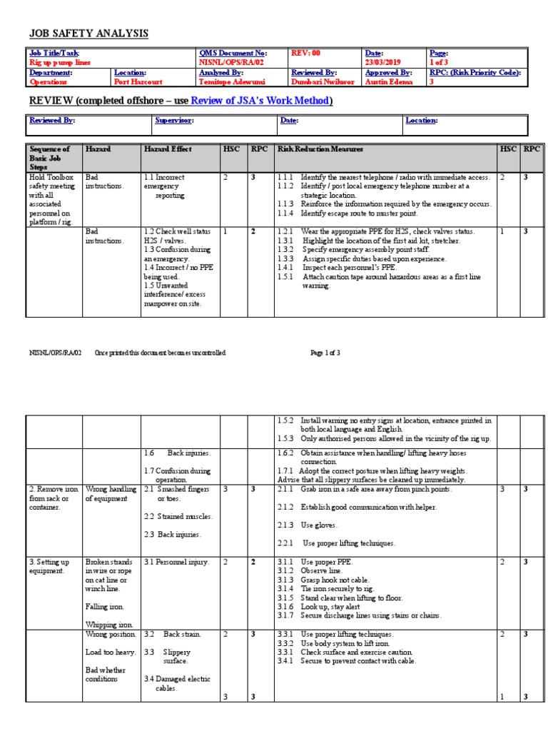 JSA-pumping Lines Rig Up. | PDF | Occupational Safety And Health ...