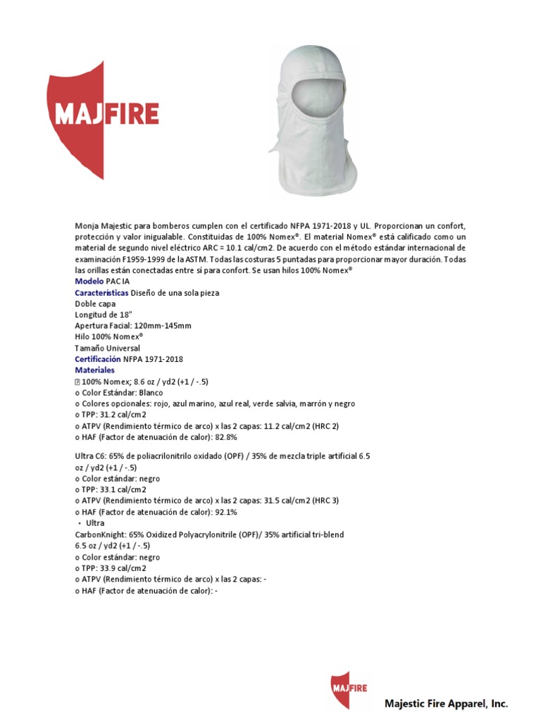 Monja Majestic NFPA 1971 para Bomberos | PDF