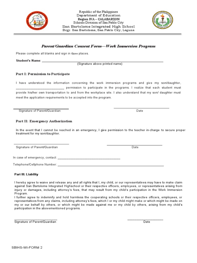 Parent/Guardian Consent Form for Student Participation in the Work ...