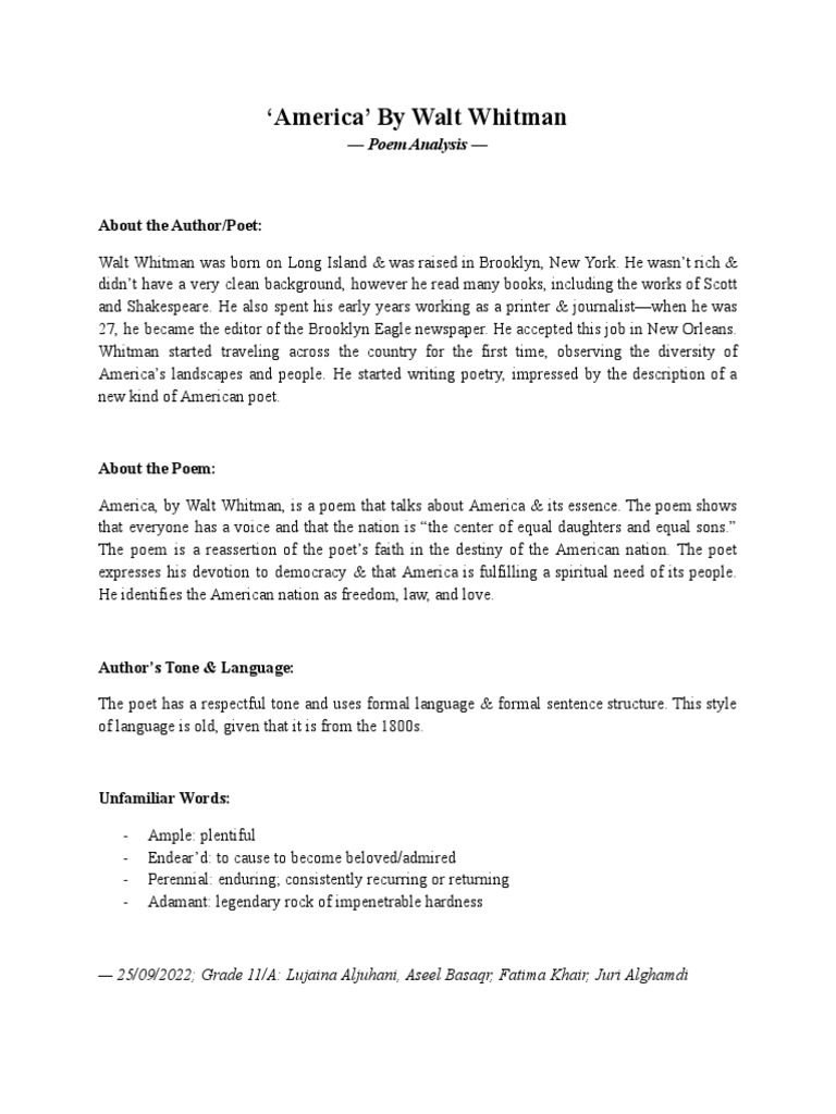 Analysis of Whitman's "America" Poem | PDF