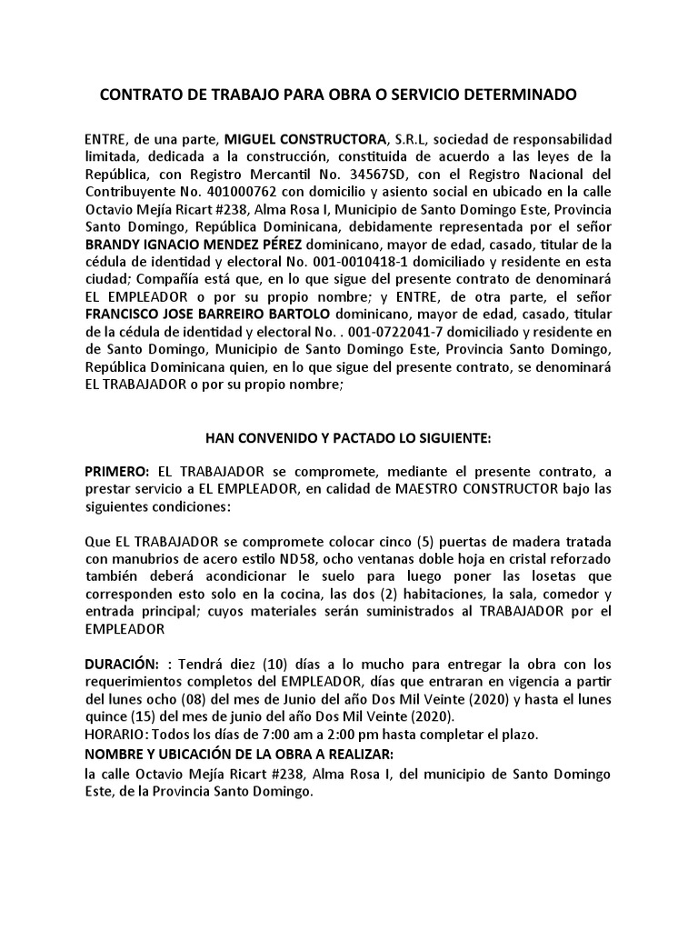Contrato de Trabajo para Obra o Servicio Determinado | PDF