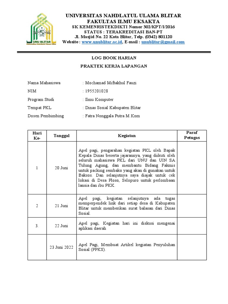 Log Book PKL Ilmu Komputer UNU Blitar | PDF
