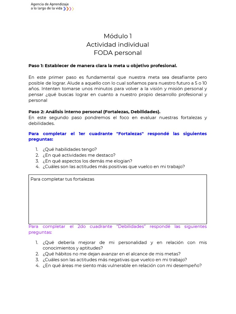 Módulo 1 Actividad Individual FODA Personal: Paso 1: Establecer de Manera Clara La Meta U ...
