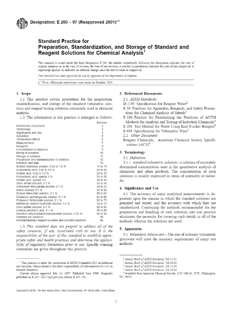 ASTM E 200-97 STANDARD PRACTICE FOR PREPARATION, STANDARIZATION, AND STORAGE OF STANDARD AND ...