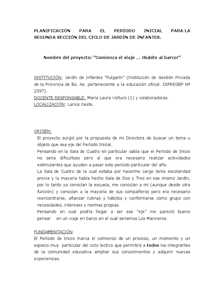 Planificación para El Período Inicial para La Segunda Sección Del Ciclo ...