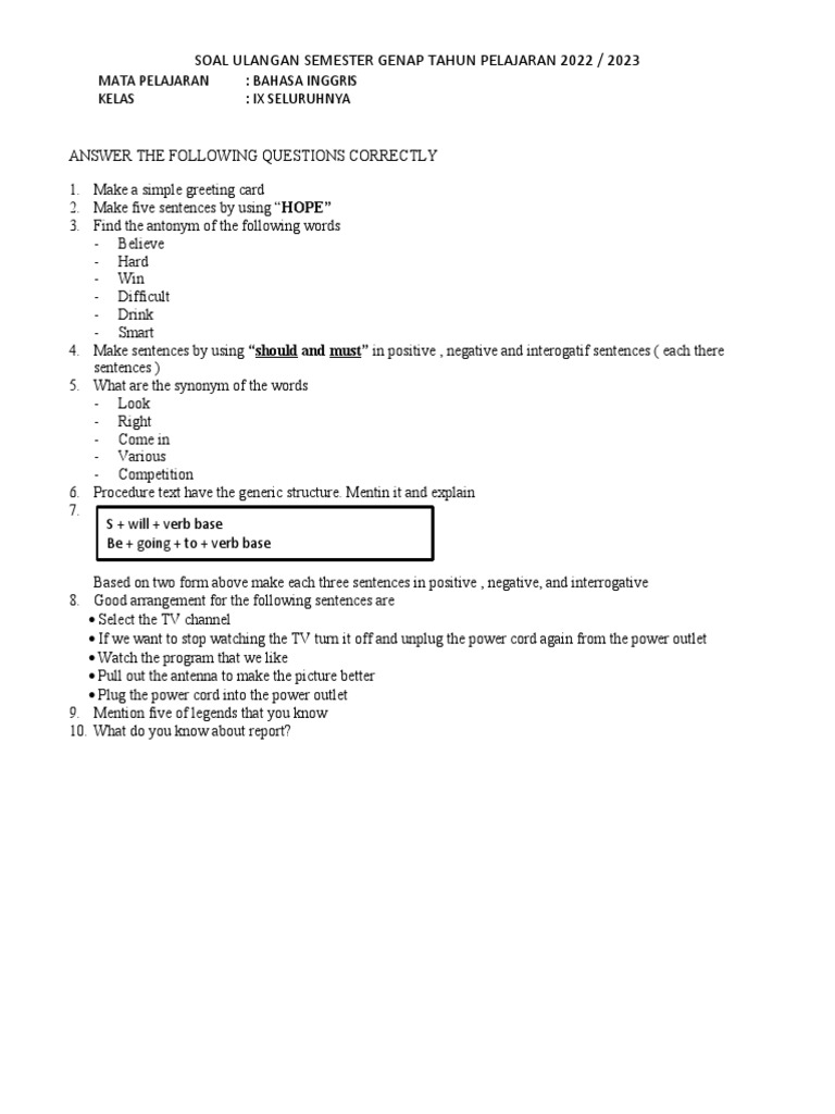 Soal Bahasa Inggris Kelas 9 | PDF