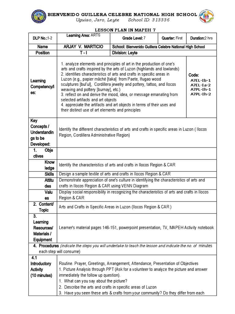 Arts7 Q1 DLP1 2 | PDF | Cognition | Behavior Modification