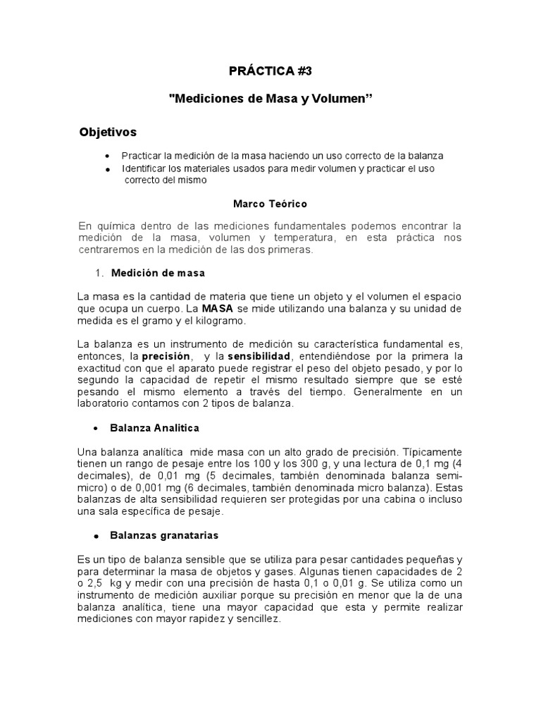 Practica 3 - Mediciones de Masa y Volumen | PDF | Balanza | Metrología