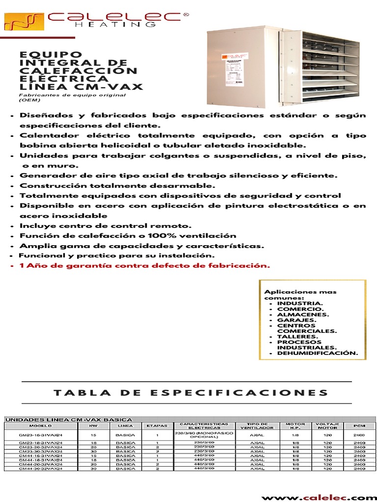 Ficha Tecnica Equipo de Calefaccion Integral Electrico Linea CM-VAX 2021 | PDF | Calefacción ...