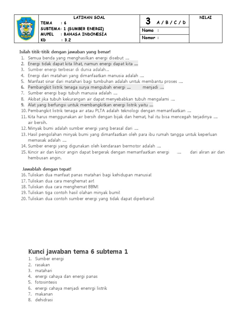 Latihan Soal Tema 6 Subtema 1 Sumber Energi | PDF