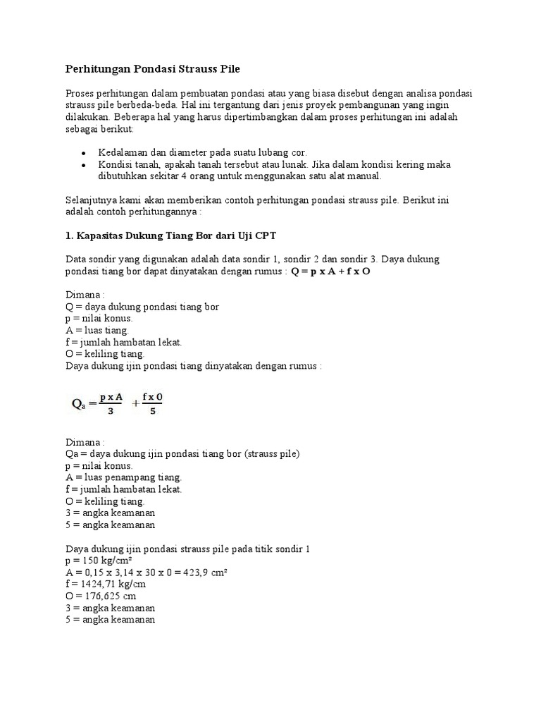 Perhitungan Pondasi Strauss Pile | PDF Perhitungan Pondasi Strauss Pile | PDF