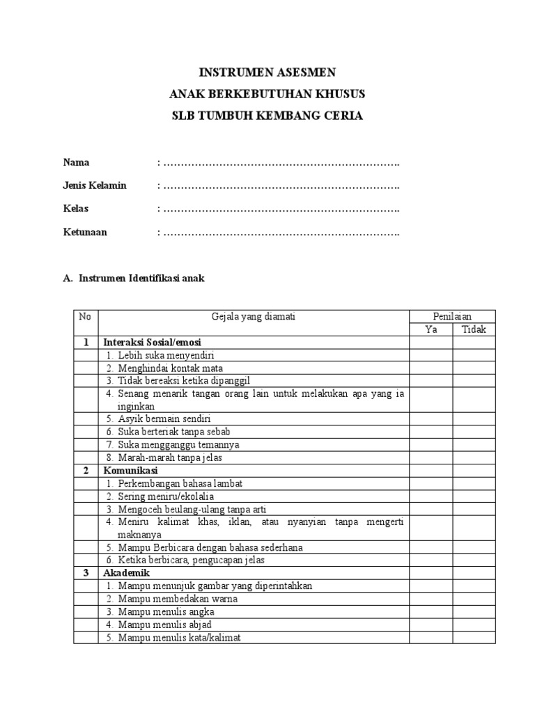 Instrumen Asesmen Anak Berkebutuhan Khusus SLB Tumbuh Kembang Ceria | PDF