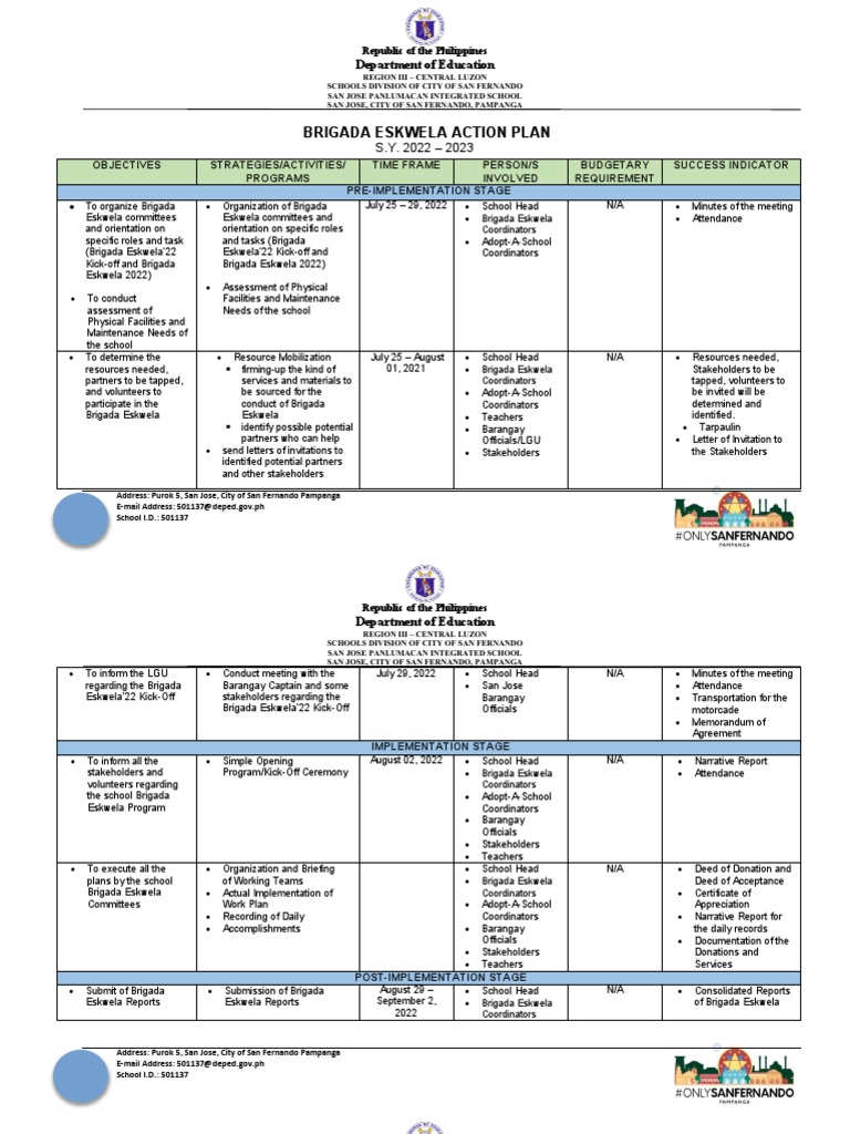 Brigada Eskwela Action Plan 2022 2023 | PDF