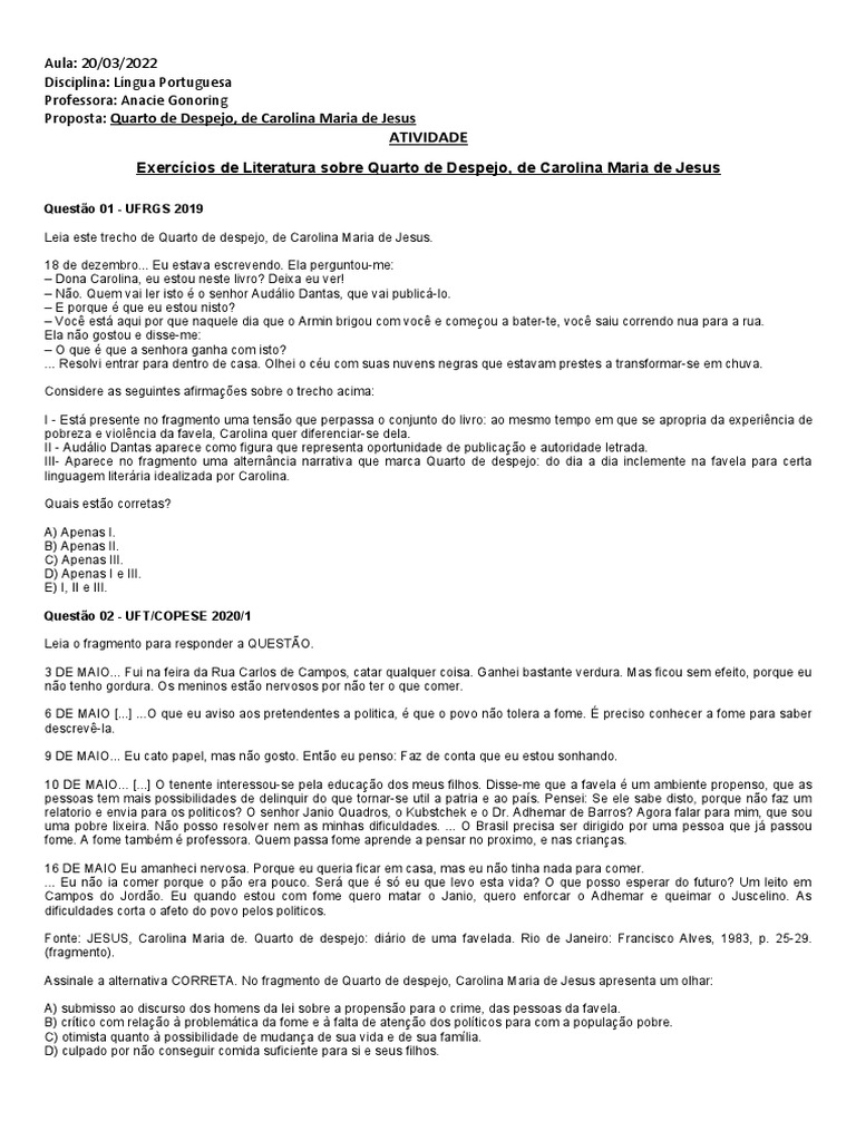 Atividades Quarto Despejo 20 03 | PDF