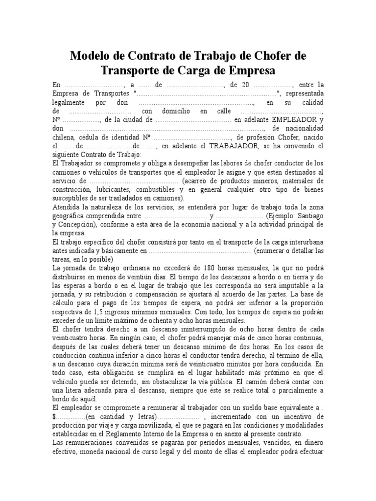Modelo de Contrato de Trabajo de Chofer de Transporte de Carga de Empresa | PDF | Transporte ...