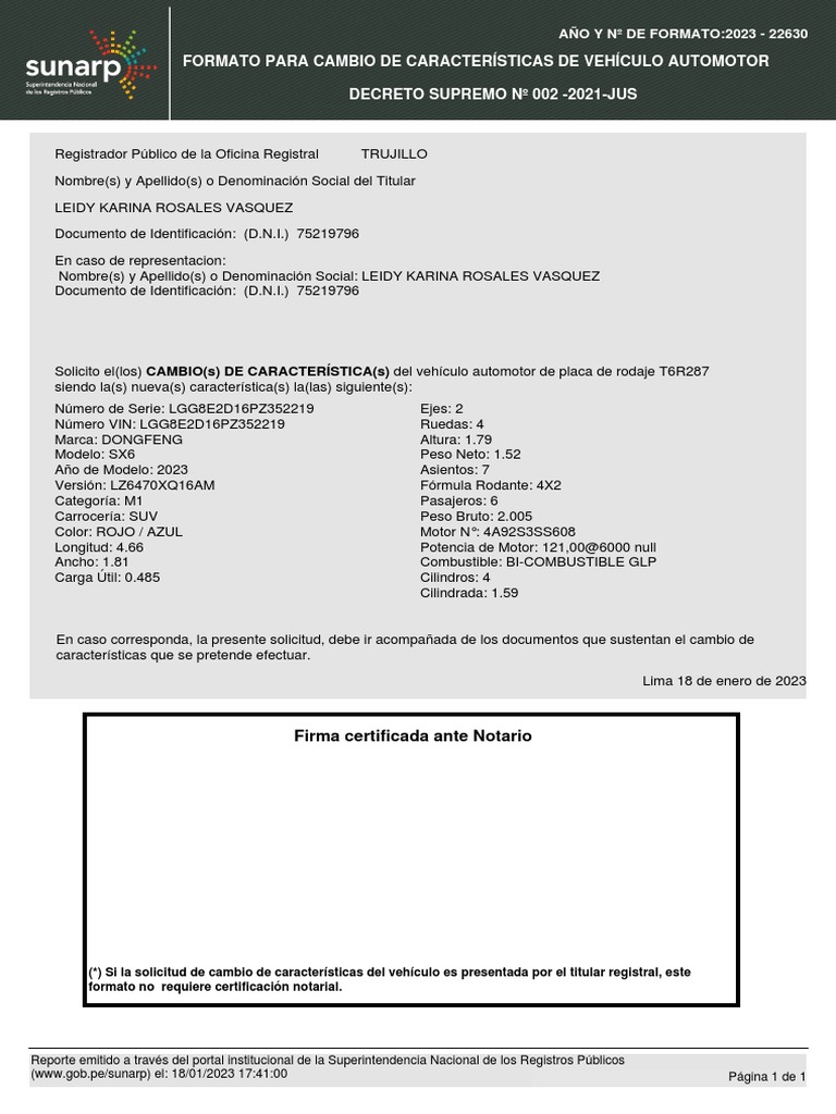 Formato para Cambio de Características de Vehículo Automotor Decreto Supremo #002 - 2021-Jus ...