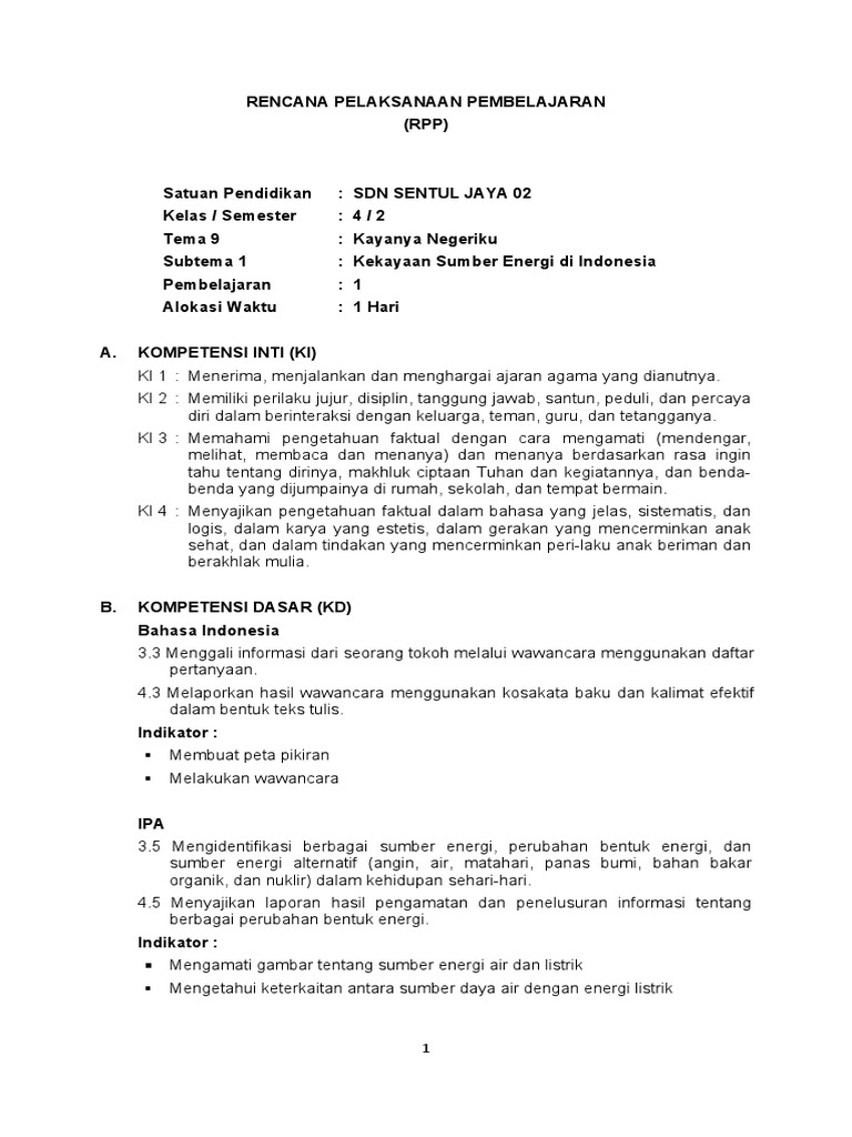 RPP Kelas 4 SD Tema 9 | PDF