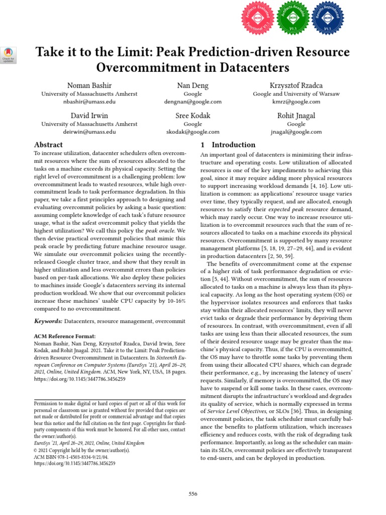 Take It To The Limit: Peak Prediction-Driven Resource Overcommitment in Datacenters | PDF ...