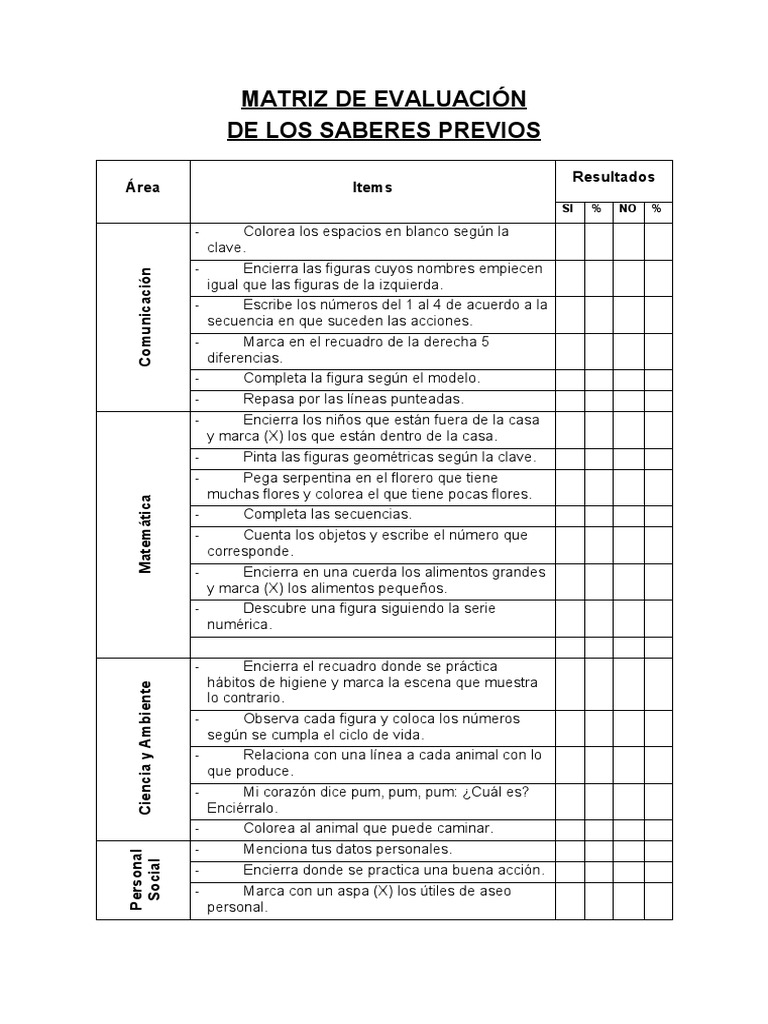 Evaluacion Saberes Previos 4 Anos | PDF