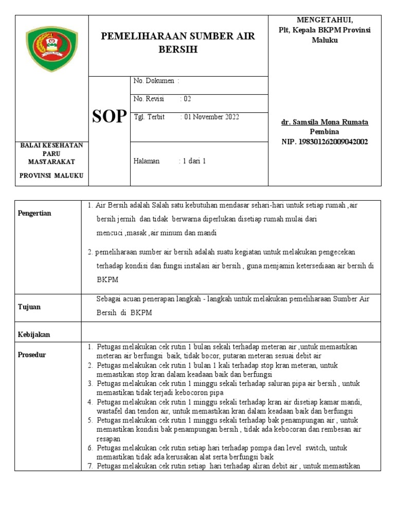 SOP Pemeliharaan Air Bersih | PDF | Sains & Matematika