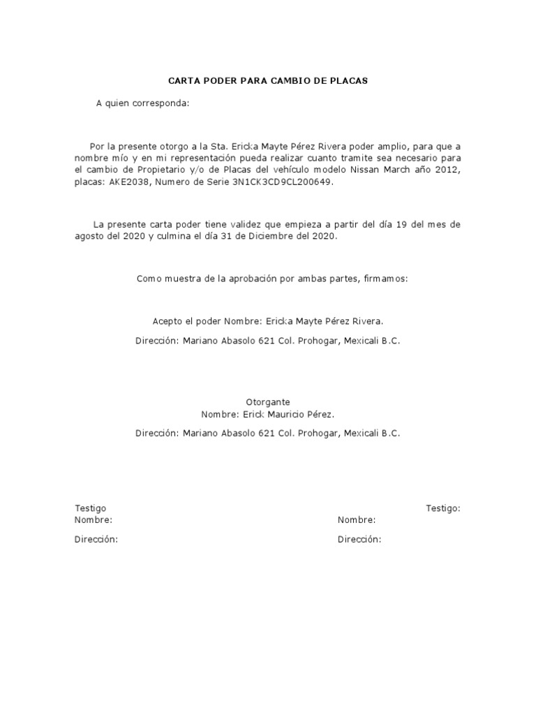 Carta Poder para Cambio de Placas | PDF