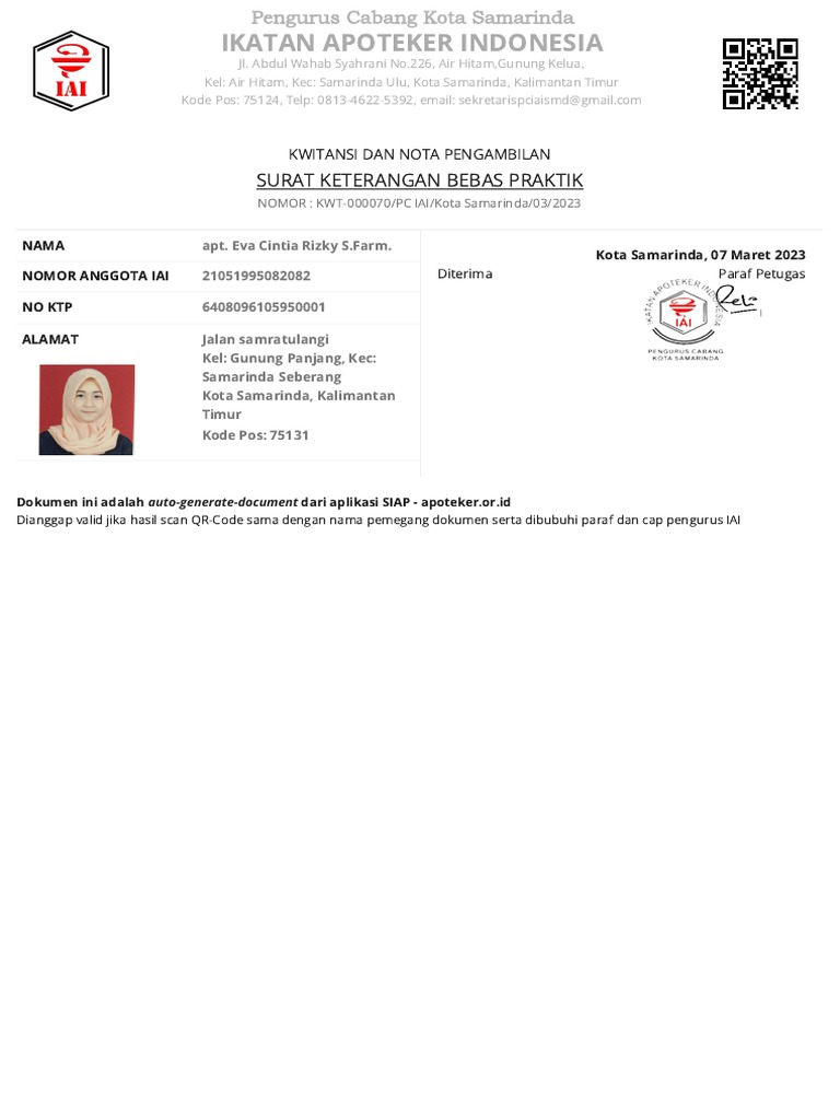 Kwitansi Surat Bebas Praktik Samarinda | PDF
